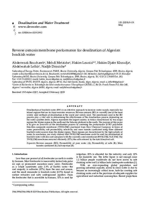 (PDF) Reverse osmosis membrane performance for desalination of Algerian brackish water