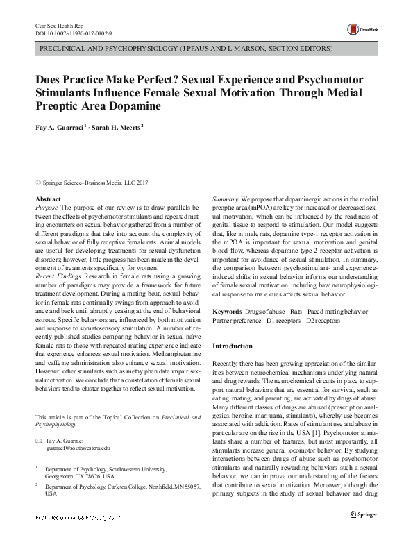 (PDF) Does Practice Make Perfect? Sexual Experience and Psychomotor Stimulants Influence Female ...