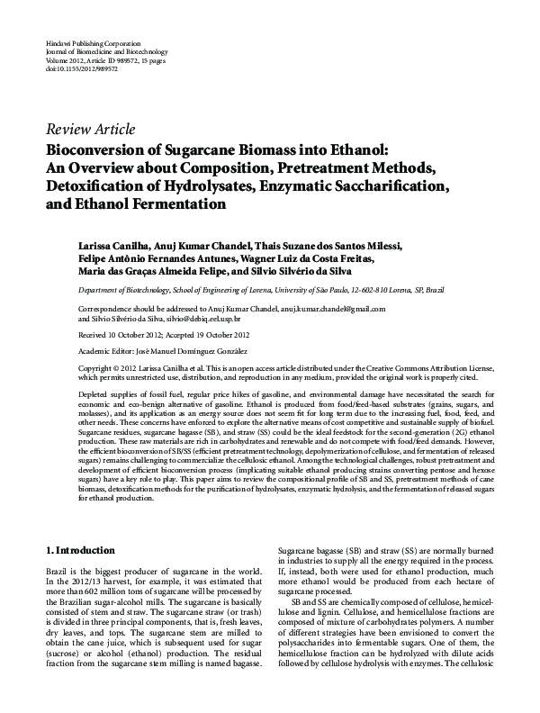Pdf Bioconversion Of Sugarcane Biomass Into Ethanol An Overview About Composition