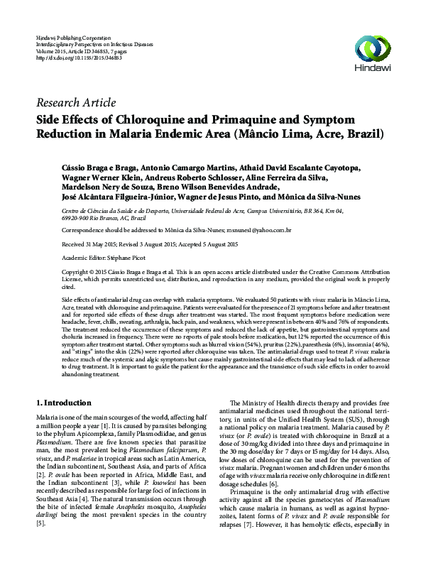 (PDF) Side Effects of Chloroquine and Primaquine and Symptom Reduction ...