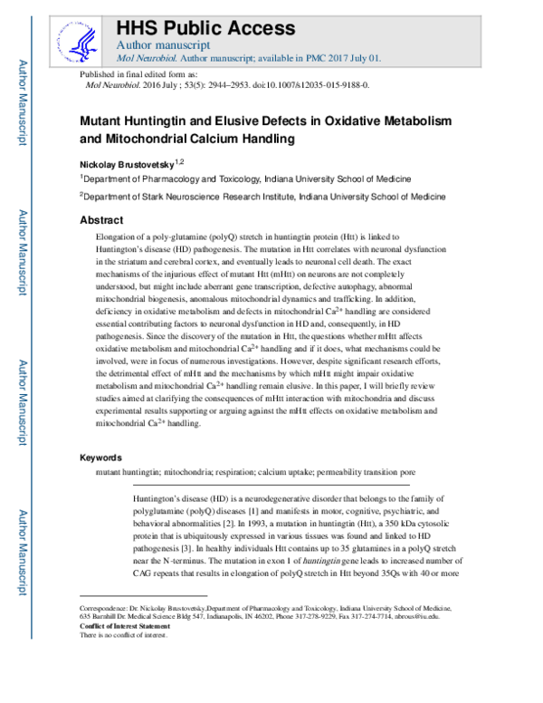 (PDF) Mutant Huntingtin and Elusive Defects in Oxidative Metabolism and ...