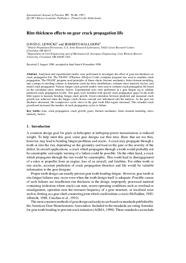 (PDF) Rim Thickness Effects on Gear Crack Propagation Life