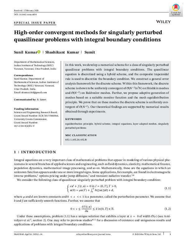 (PDF) High‐order convergent methods for singularly perturbed quasilinear problems with integral ...