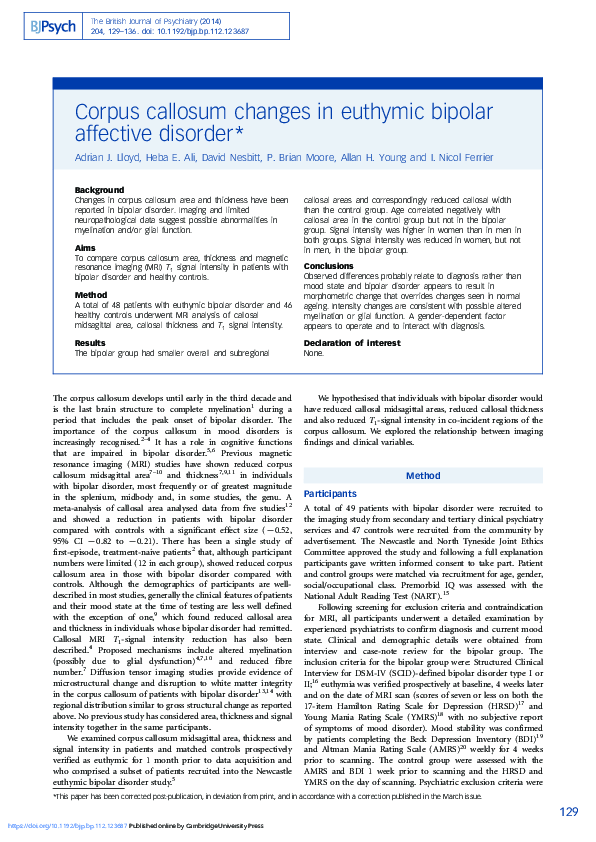 (PDF) Corpus callosum changes in euthymic bipolar affective disorder