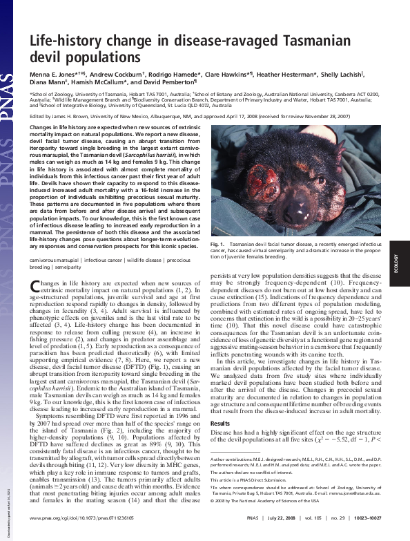 (PDF) Life-history change in disease-ravaged Tasmanian devil populations