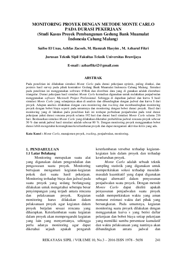(PDF) Monitoring Proyek Dengan Metode Monte Carlo Pada Durasi Pekerjaan