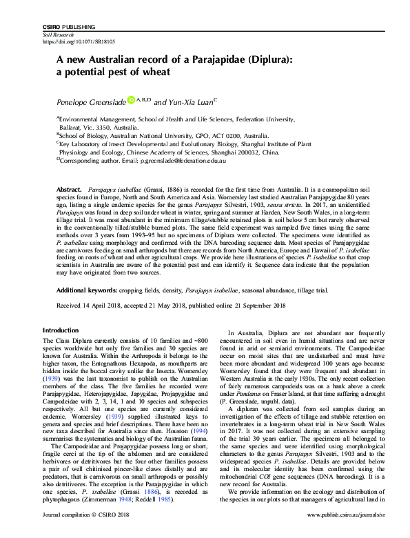 (PDF) A new Australian record of a Parajapidae (Diplura): a potential ...