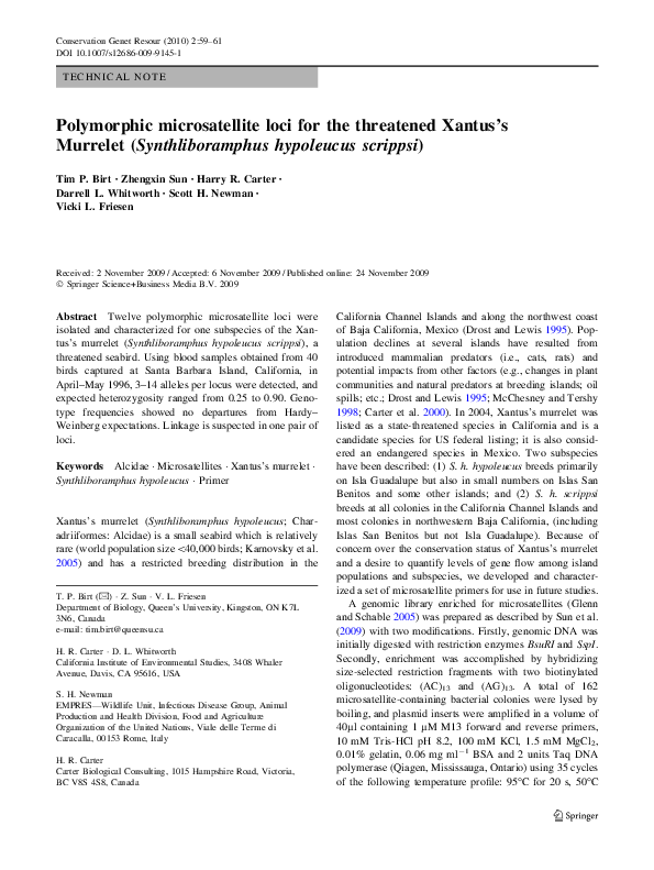 (PDF) Polymorphic microsatellite loci for the threatened Xantus’s ...