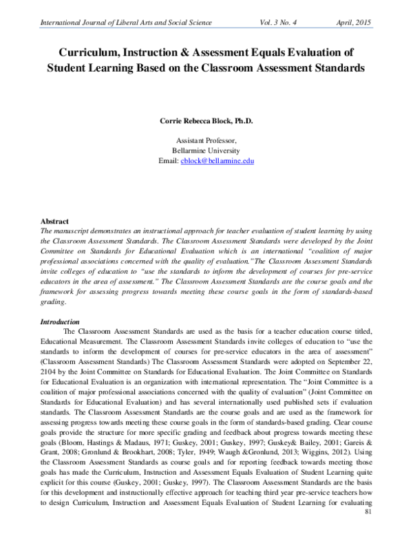(PDF) Curriculum, Instruction & Assessment Equals Evaluation of Student ...