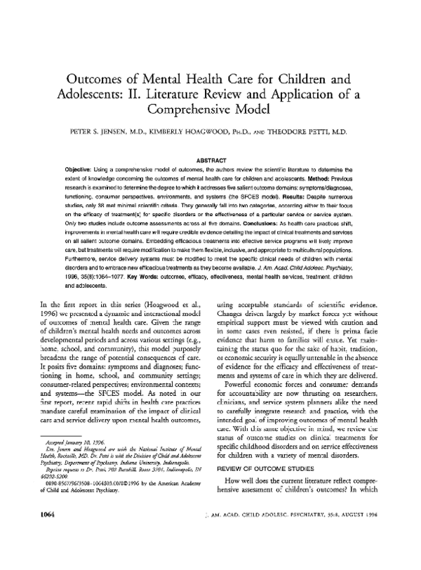 (PDF) Outcomes of Mental Health Care for Children and Adolescents: I. A ...