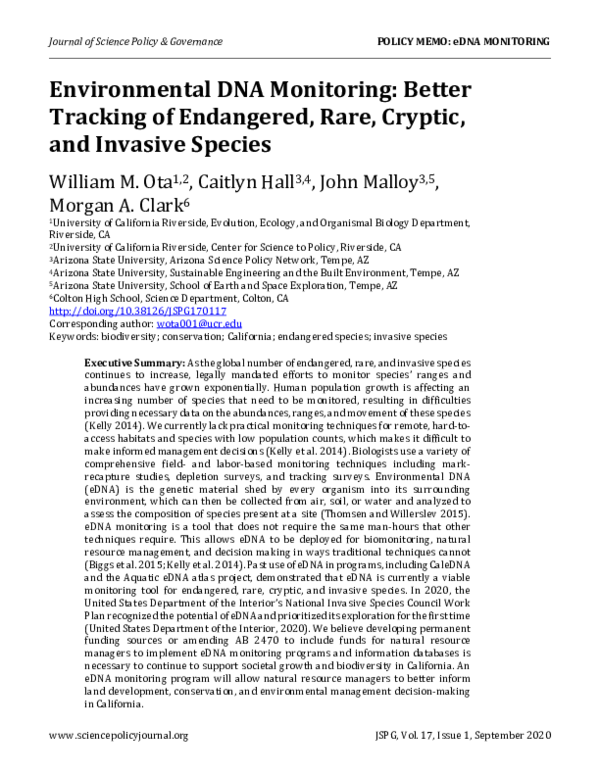 (PDF) Environmental DNA Monitoring: Better Tracking of Endangered, Rare ...