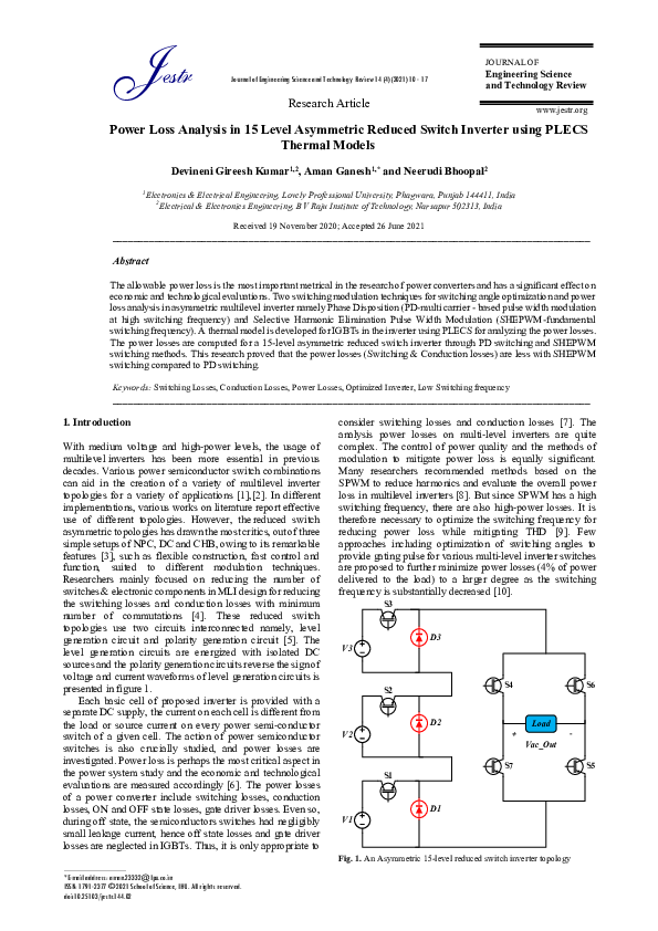 (PDF) Power Loss Analysis in 15 Level Asymmetric Reduced Switch Inverter using PLECS Thermal Models