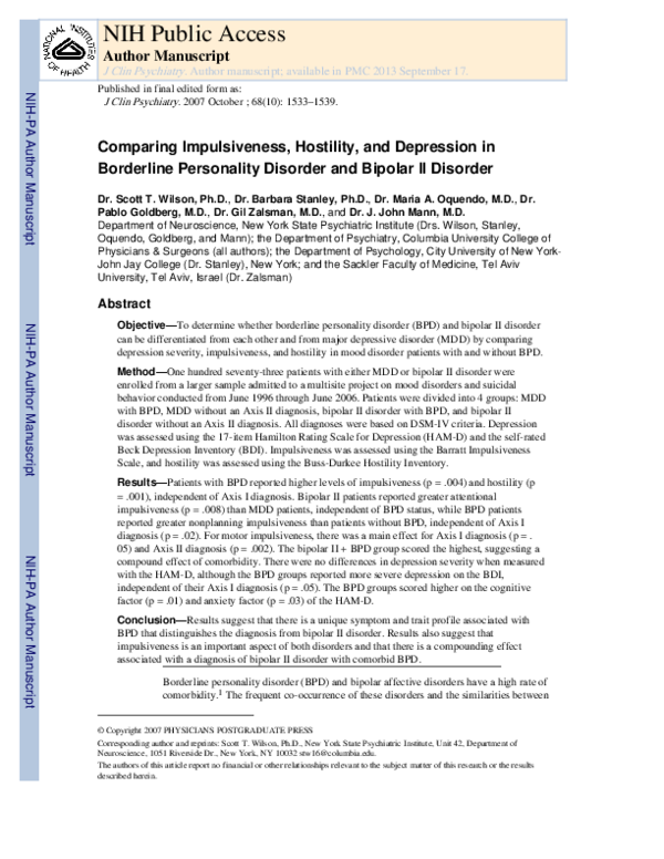 (PDF) Comparing Impulsiveness, Hostility, and Depression in Borderline ...