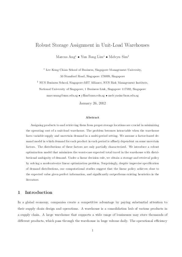 (PDF) Robust Storage Assignment in Unit-Load Warehouses