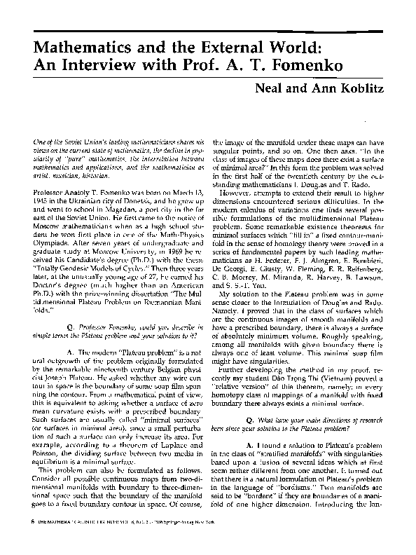 Mathematics and the external world: An interview with prof. A. T. Fomenko