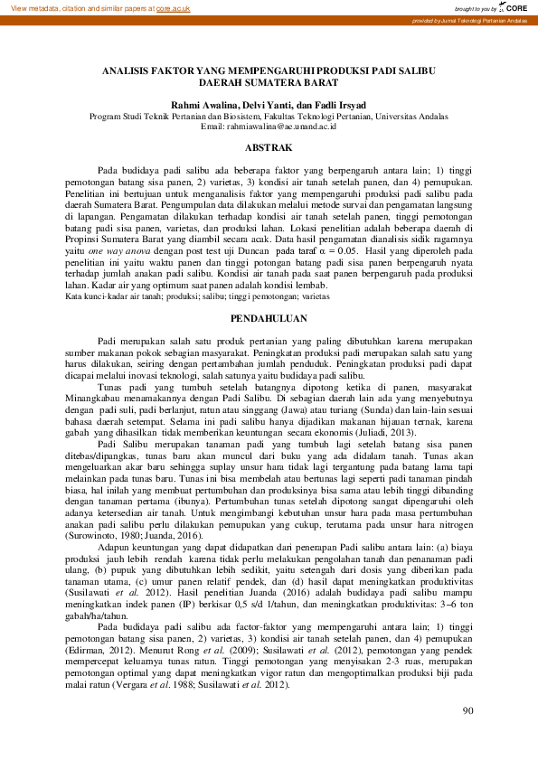 (PDF) Analisis Faktor Yang Mempengaruhi Produksi Padi Salibu Daerah Sumatera Barat
