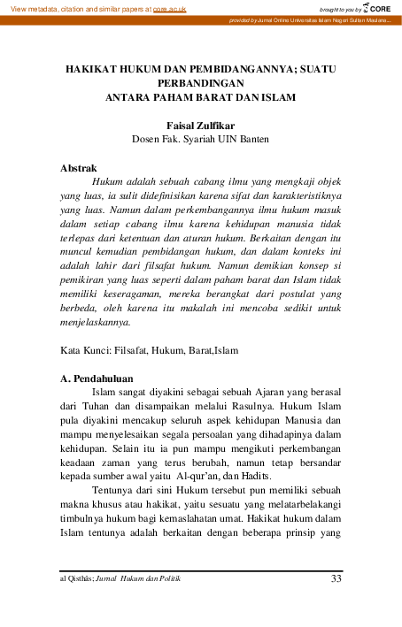 (PDF) Hakikat Hukum Dan Pembidangannya; Suatu Perbandingan Antara Paham Barat Dan Islam
