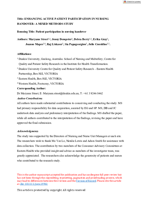 (PDF) Enhancing active patient participation in nursing handover: A ...