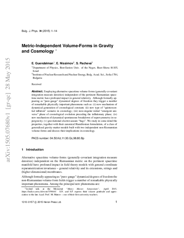 (PDF) Metric-Independent Volume-Forms in Gravity and Cosmology
