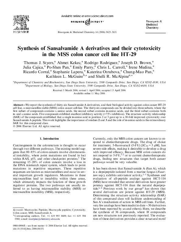 (PDF) Synthesis of Sansalvamide A derivatives and their cytotoxicity in ...
