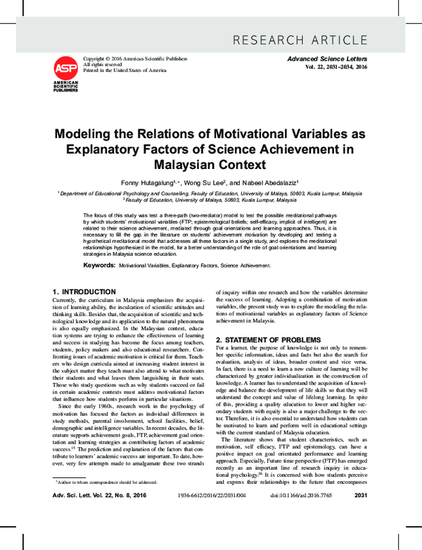 (PDF) Modeling the Relations of Motivational Variables as Explanatory ...