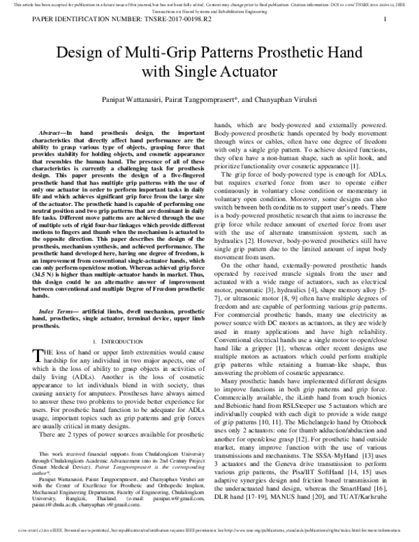 (PDF) Design of Multi-Grip Patterns Prosthetic Hand with Single Actuator