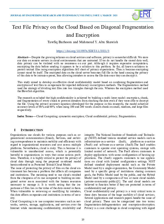 (PDF) Text File Privacy on the Cloud Based on Diagonal Fragmentation and Encryption