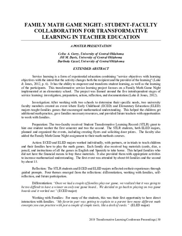 (PDF) Family Math Game Night: Student-Faculty Collaboration for ...