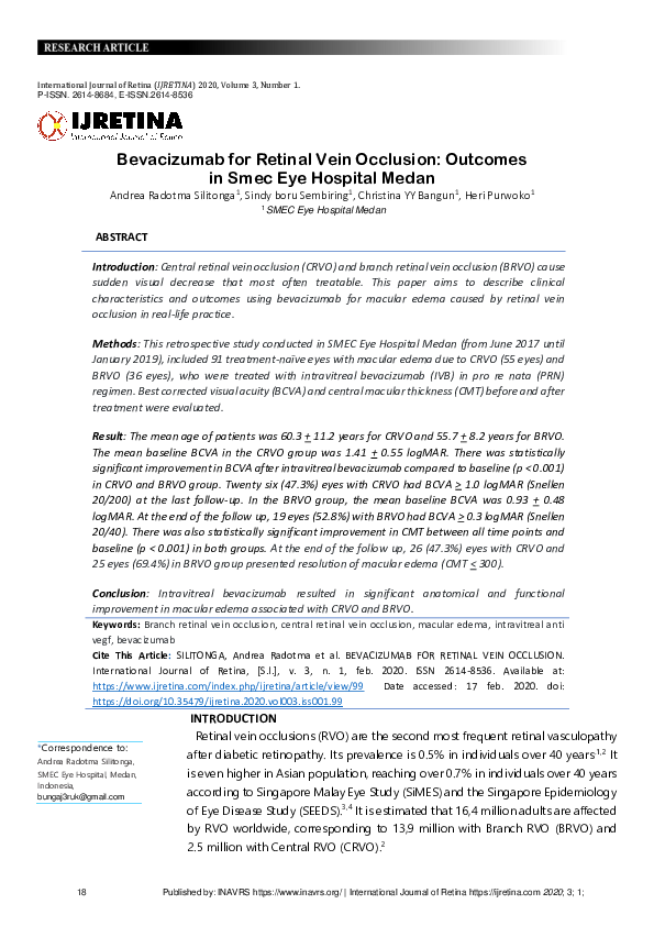 (PDF) Bevacizumab for Retinal Vein Occlusion