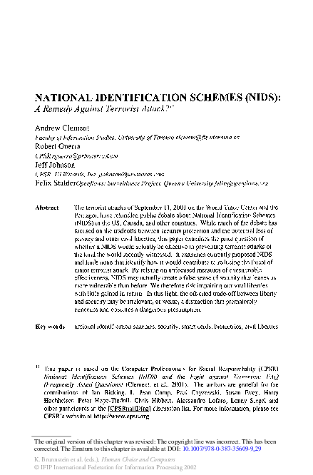 (PDF) National Identification Schemes (NIDS)