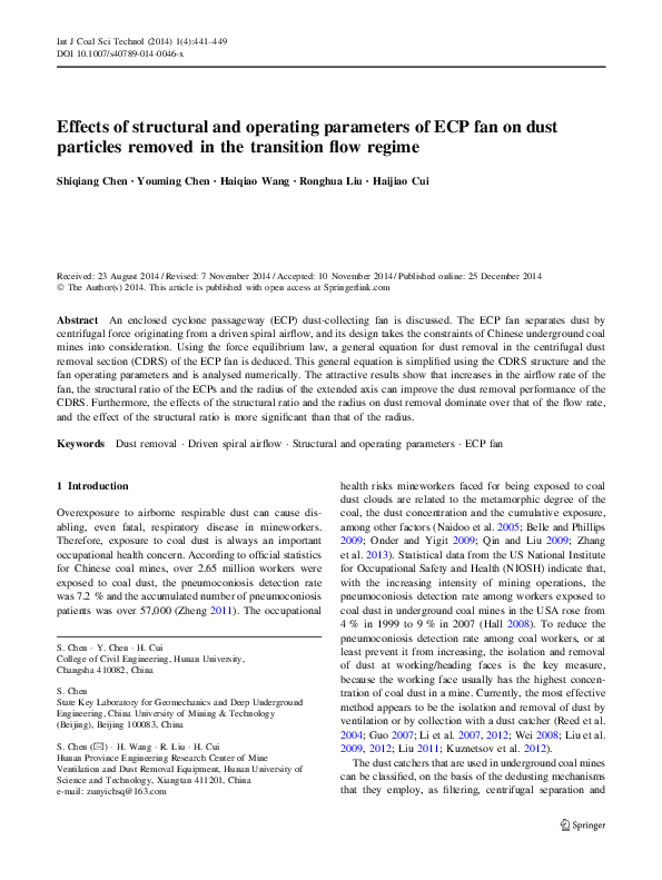 (PDF) Effects of structural and operating parameters of ECP fan on dust particles removed in the ...