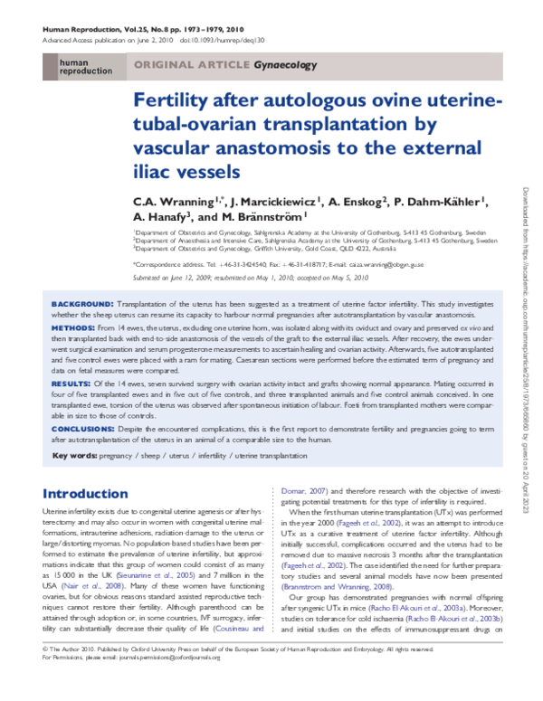 (PDF) Fertility after autologous ovine uterine-tubal-ovarian ...