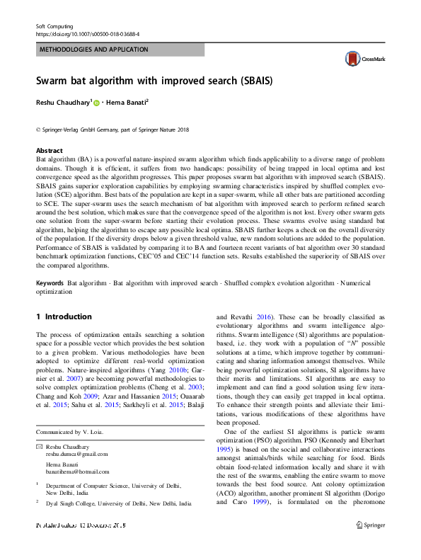 (PDF) Swarm bat algorithm with improved search (SBAIS) | Hema Banati - Academia.edu