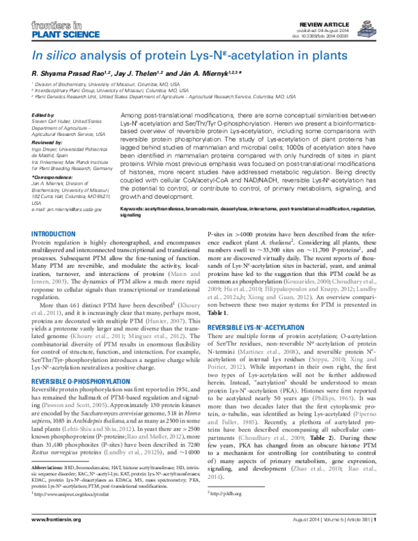 (PDF) In silico analysis of protein Lys-Nð œ€-acetylation in plants