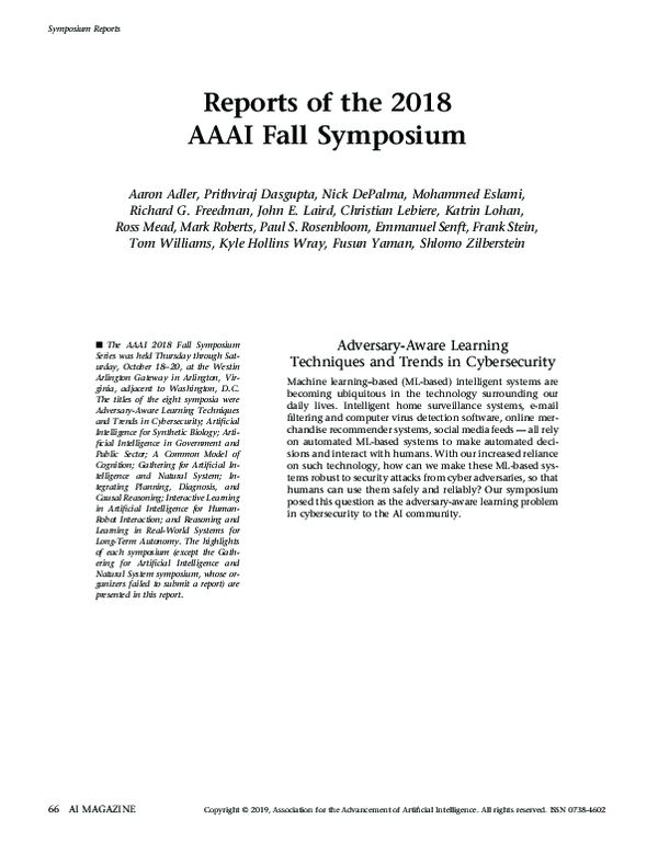 (PDF) Reports of the 2018 AAAI Fall Symposium