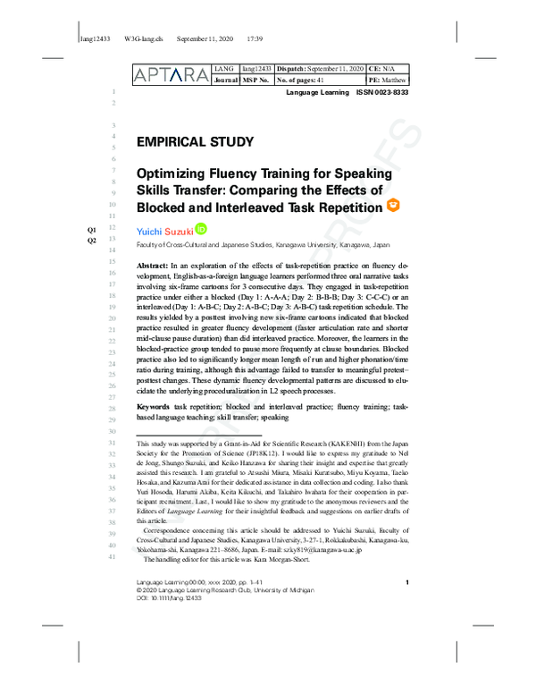 (PDF) Optimizing Fluency Training for Speaking Skills Transfer: Comparing the Effects of Blocked ...