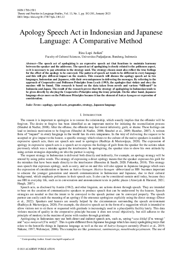 (PDF) Apology Speech Act in Indonesian and Japanese Language: A Comparative Method