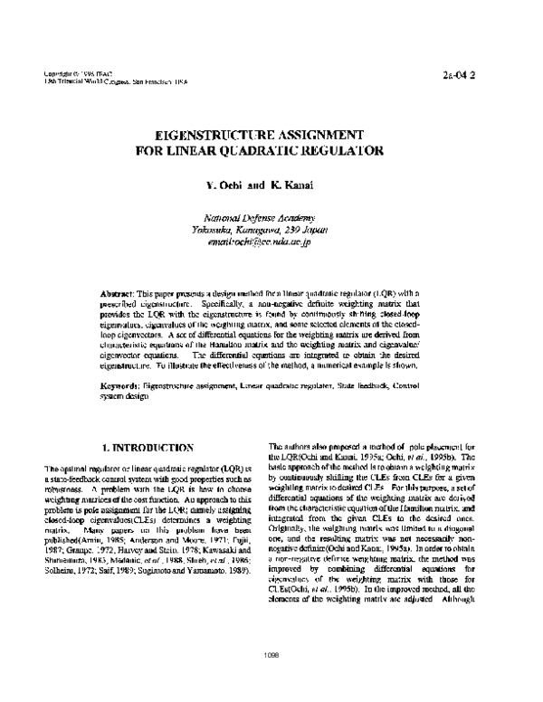 Pdf Eigenstructure Assignment For Linear Quadratic Regulator