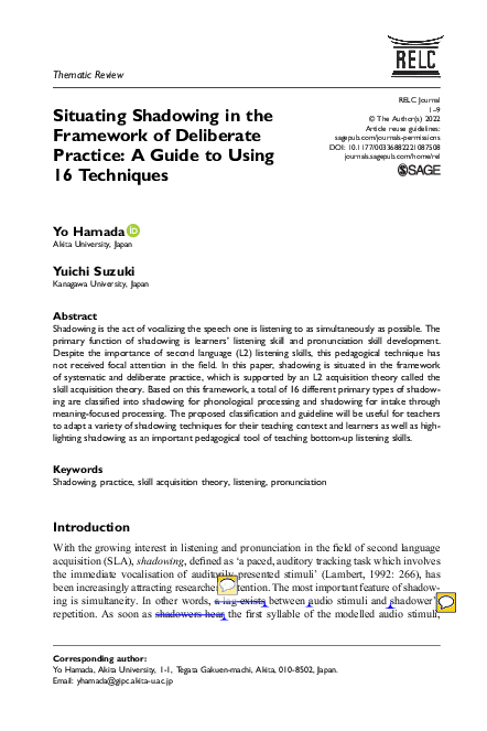 (PDF) Situating Shadowing in the Framework of Deliberate Practice: A Guide to Using 16 Techniques