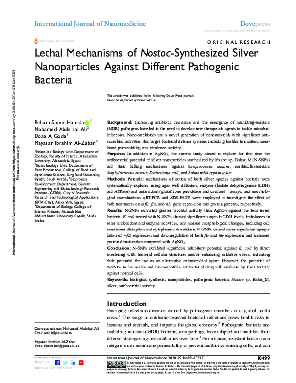 (PDF) Lethal Mechanisms of Nostoc-Synthesized Silver Nanoparticles Against Different Pathogenic ...