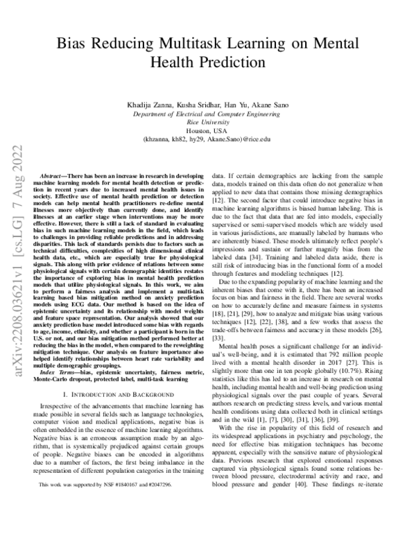 (PDF) Bias Reducing Multitask Learning on Mental Health Prediction