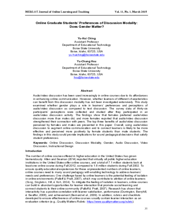 (PDF) Online Graduate Students’ Preferences of Discussion Modality ...
