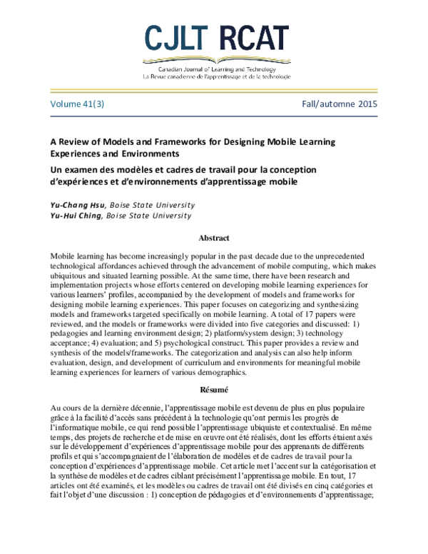 (PDF) A review of models and frameworks for designing mobile learning experiences and environments