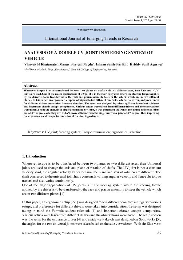 (PDF) ANALYSIS OF A DOUBLE UV JOINT IN STEERING SYSTEM OF VEHICLE