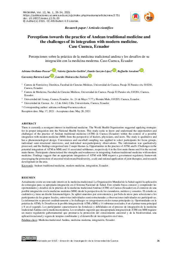 (PDF) Perceptions towards the practice of Andean traditional medicine and the challenges of its ...
