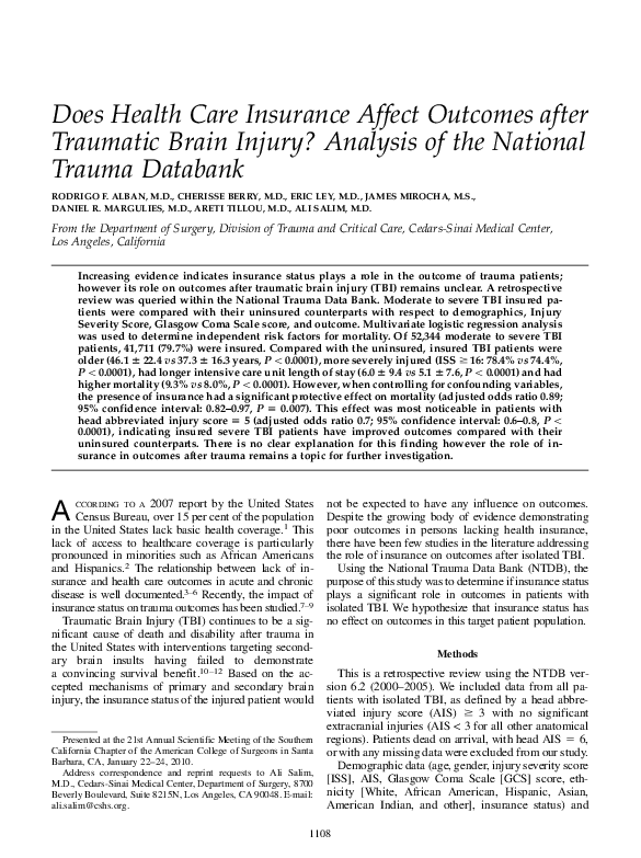 (PDF) Does Health Care Insurance Affect Outcomes after Traumatic Brain ...