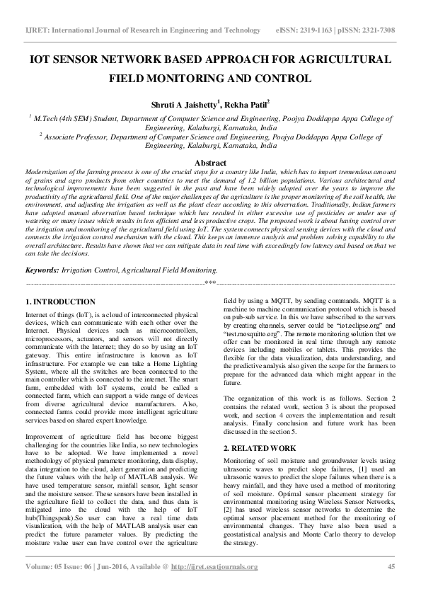 Pdf Iot Sensor Network Based Approach For Agricultural Field