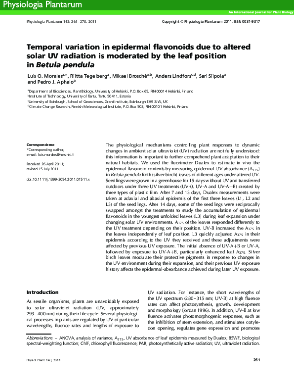(PDF) Temporal variation in epidermal flavonoids due to altered solar UV radiation is moderated ...