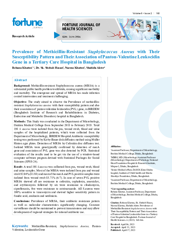 (PDF) Prevalence of Methicillin-Resistant Staphylococcus Aureus with Their Susceptibility ...