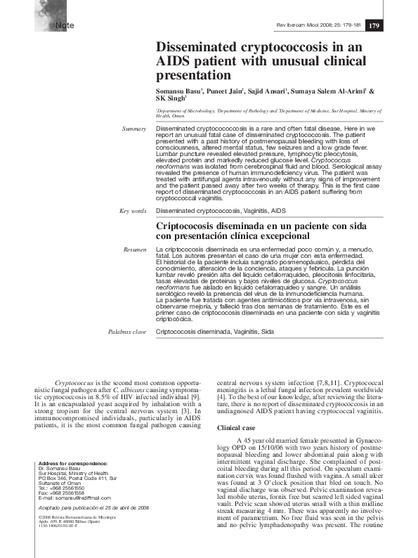 (PDF) Criptococosis diseminada en un paciente con sida con presentación clínica excepcional